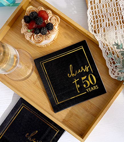 Cheers to 50 Years Cocktail Napkins - 50PK - 3-Ply 50th Birthday Napkins 5x5 Inches Disposable Party Napkins Paper Beverage Napkins for 50th Birthday Decorations Wedding Anniversary Black and Gold