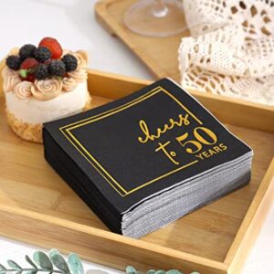 Cheers to 50 Years Cocktail Napkins - 50PK - 3-Ply 50th Birthday Napkins 5x5 Inches Disposable Party Napkins Paper Beverage Napkins for 50th Birthday Decorations Wedding Anniversary Black and Gold