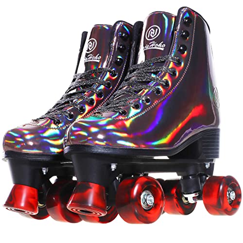 JajaHoho Roller Skates for Women, Holographic High Top PU Leather Rollerskates, Shiny Double-Row Four Wheels Quad Skates for Girls and Age 8-50 Indoor Outdoor (Size 7, Golden Black)