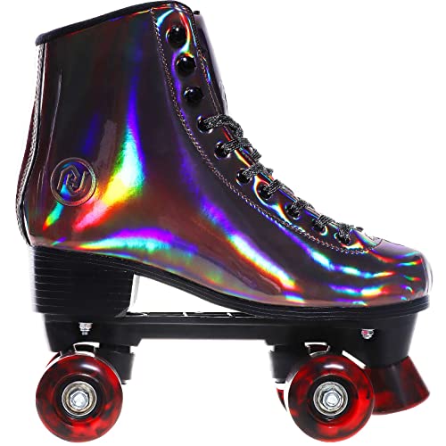 JajaHoho Roller Skates for Women, Holographic High Top PU Leather Rollerskates, Shiny Double-Row Four Wheels Quad Skates for Girls and Age 8-50 Indoor Outdoor (Size 7, Golden Black)