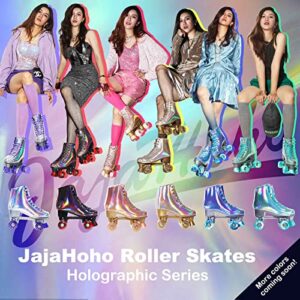 JajaHoho Roller Skates for Women, Holographic High Top PU Leather Rollerskates, Shiny Double-Row Four Wheels Quad Skates for Girls and Age 8-50 Indoor Outdoor (Size 7, Golden Black)