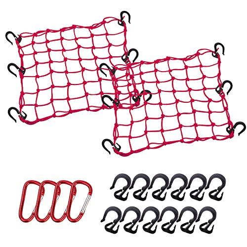 Thewinio Cargo Net 15"x15" Stretches to 30"x30" with Thicken Hooks | Natural Latex Core, Tight 2”x2” Mesh Small Heavy Duty Bungee Net for Motorcycle Helmet, Bike, ATV, UTV, Luggage (Red, 2 Pack)