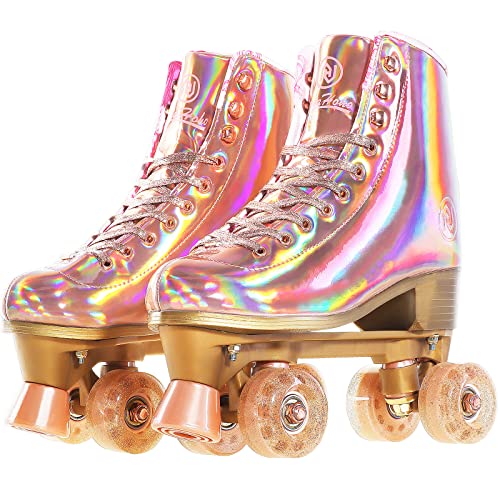 JajaHoho Roller Skates for Women, Holographic High Top PU Leather Rollerskates, Shiny Double-Row Four Wheels Quad Skates for Girls and Age 8-50 Indoor Outdoor (Size 8, Rose Gold)