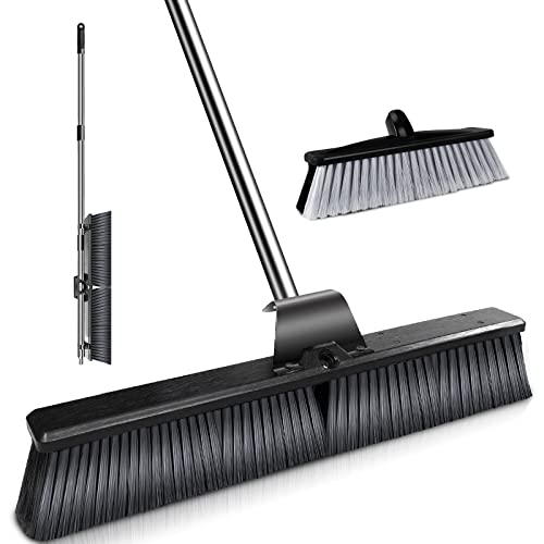 ZNM Push Broom Outdoor 24.8 inch Heavy Duty Broom with Stiff Bristles & 56.7" Long Handle, Garage Brooms for Sweeping Shop, Deck, Yard, Patio, Garden, Concrete Floor, 2 Brush Heads