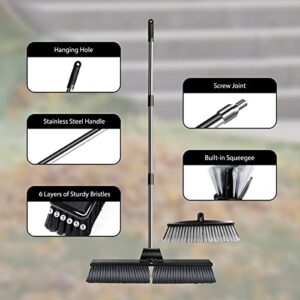 ZNM Push Broom Outdoor 24.8 inch Heavy Duty Broom with Stiff Bristles & 56.7" Long Handle, Garage Brooms for Sweeping Shop, Deck, Yard, Patio, Garden, Concrete Floor, 2 Brush Heads