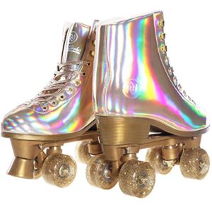 JajaHoho Roller Skates for Women, Holographic High Top PU Leather Rollerskates, Shiny Double-Row Four Wheels Quad Skates for Girls and Age 8-50 Indoor Outdoor (Size 5, Champagne Gold)