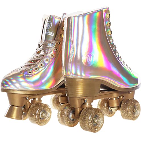 JajaHoho Roller Skates for Women, Holographic High Top PU Leather Rollerskates, Shiny Double-Row Four Wheels Quad Skates for Girls and Age 8-50 Indoor Outdoor (Size 5, Champagne Gold)