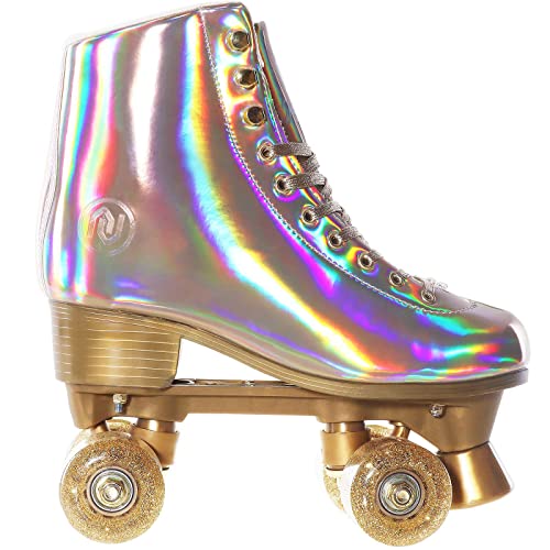 JajaHoho Roller Skates for Women, Holographic High Top PU Leather Rollerskates, Shiny Double-Row Four Wheels Quad Skates for Girls and Age 8-50 Indoor Outdoor (Size 5, Champagne Gold)