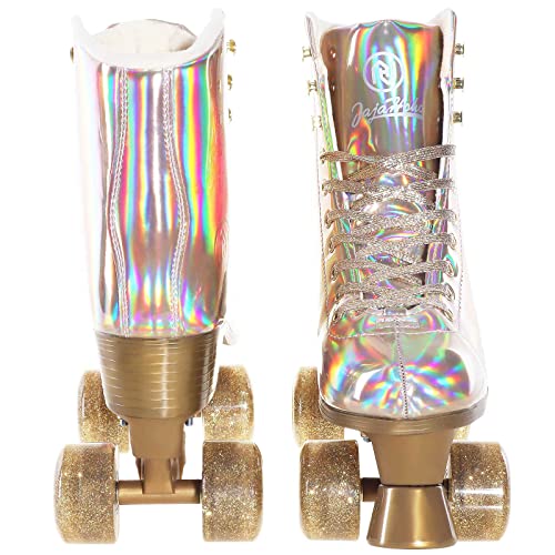 JajaHoho Roller Skates for Women, Holographic High Top PU Leather Rollerskates, Shiny Double-Row Four Wheels Quad Skates for Girls and Age 8-50 Indoor Outdoor (Size 5, Champagne Gold)