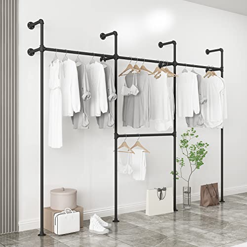 Industrial Pipe Clothing Rack,Moden Commercial Grade Pipe Clothes Racks,Wall Mounted Closet Storage Rack,Hanging Clothes Retail Display Rack,Heavy Duty Steampunk Garment Racks,Black(Three,Staggered)