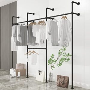 Industrial Pipe Clothing Rack,Moden Commercial Grade Pipe Clothes Racks,Wall Mounted Closet Storage Rack,Hanging Clothes Retail Display Rack,Heavy Duty Steampunk Garment Racks,Black(Three,Staggered)