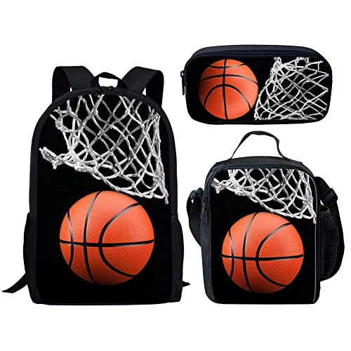 Printpub Basketball Design Backpack 3 Piece Set School Bag Bookbag with Lunch Box and Pencil Case Set for Boys Girls