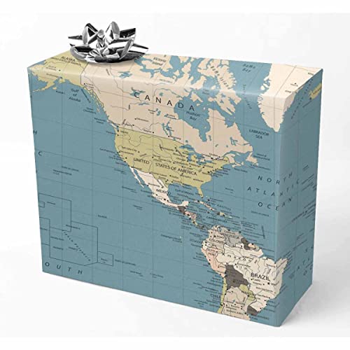 InterestPrint World Map America Wrapping Paper Design for Easter Valentine's Day Birthday, 1 Roll