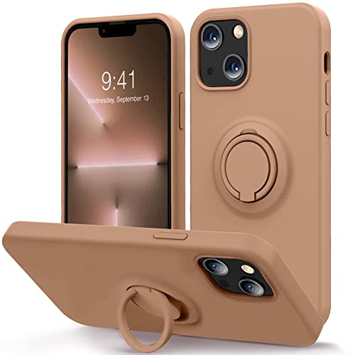 MOCCA Compatible with iPhone 13 Mini Case with Ring Kickstand |Liquid Silicone| Microfiber Linner | Anti-Scratch Full-Body Shockproof Protective Case for iPhone 13 Mini 5.4inch-Light Brown