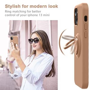 MOCCA Compatible with iPhone 13 Mini Case with Ring Kickstand |Liquid Silicone| Microfiber Linner | Anti-Scratch Full-Body Shockproof Protective Case for iPhone 13 Mini 5.4inch-Light Brown