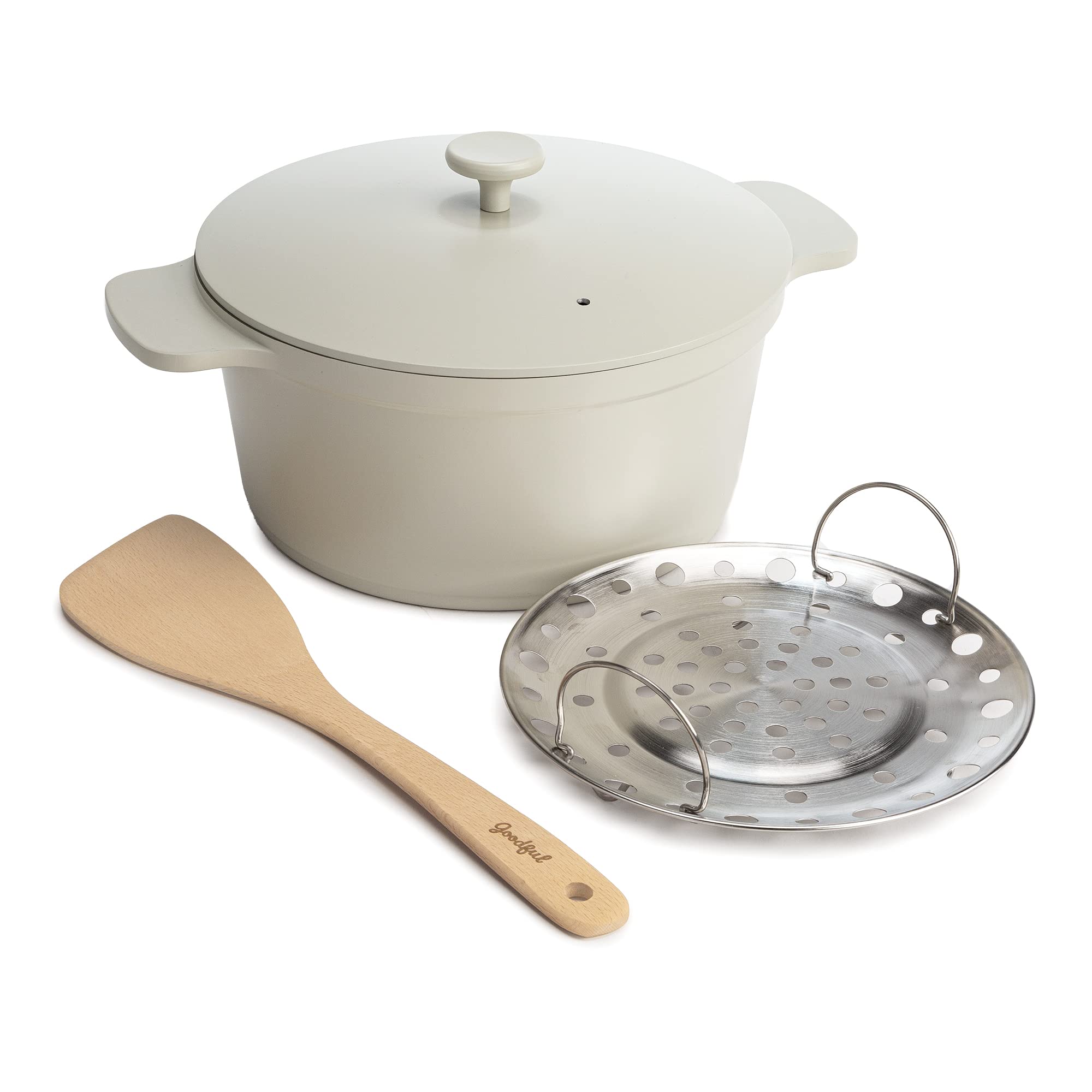 Goodful All-In-One Pot, Multilayer Nonstick, High Performance Cast Dutch Oven With Matching Lid, Roasting Rack And Turner, Made Without PFOA, Dishwasher Safe Cookware, 4.7-Quart, Linen