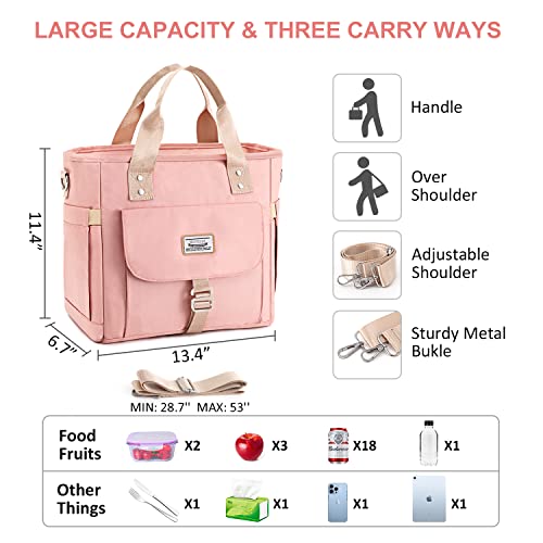 Mcvotcot Lunch Bag for Women, Insulated Lunch Cooler Bag Lunch Box Work, Adult Meal Prep Tote Bag, Super Large Lunch Purse with Side Pockets Detachable Shoulder Strap for Picnic, Boating (Pink)