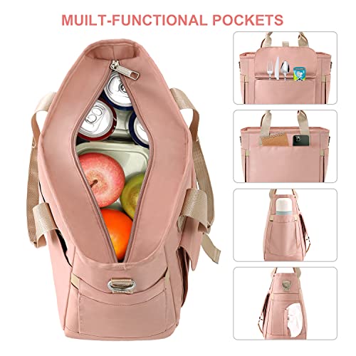 Mcvotcot Lunch Bag for Women, Insulated Lunch Cooler Bag Lunch Box Work, Adult Meal Prep Tote Bag, Super Large Lunch Purse with Side Pockets Detachable Shoulder Strap for Picnic, Boating (Pink)