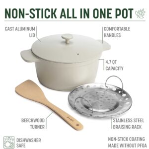 Goodful All-In-One Pot, Multilayer Nonstick, High Performance Cast Dutch Oven With Matching Lid, Roasting Rack And Turner, Made Without PFOA, Dishwasher Safe Cookware, 4.7-Quart, Linen