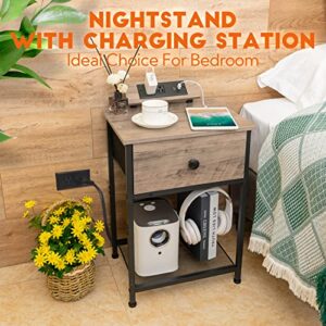 AMHANCIBLE Night Stand Set 2, Small Nightstand with Charging Station, End Side Tables Living Room with USB Ports & Outlets, Slim Bedside Table with Drawers for Bedroom HET03SDPGY(Greige)