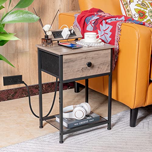 AMHANCIBLE Night Stand Set 2, Small Nightstand with Charging Station, End Side Tables Living Room with USB Ports & Outlets, Slim Bedside Table with Drawers for Bedroom HET03SDPGY(Greige)