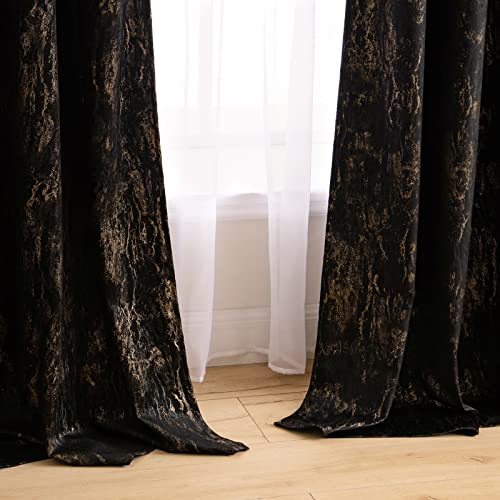 MIULEE Luxury Velvet Curtains 96 Inches Long Glitter Gold Foil Print Soft Bedroom Living Room Curtains Elegant Metallic Room Darkening Thermal Insulated Grommet Window Drapes, 2 Panels, Black