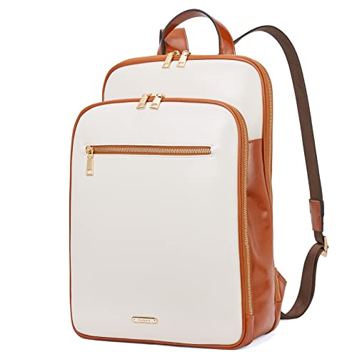 Telena Laptop Backpack for Women Computer Bag Business College Casual Work Backpack Beige with Brown