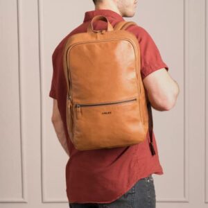 VELEZ Full Grain Leather Backpack with Laptop Compartment 14 Inch - Unisex Brown Slim Bag for College, Work and Business