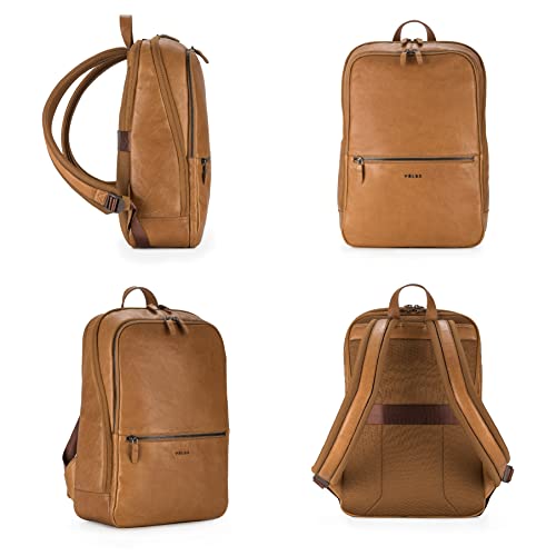 VELEZ Full Grain Leather Backpack with Laptop Compartment 14 Inch - Unisex Brown Slim Bag for College, Work and Business