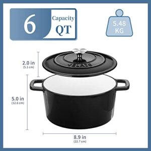 Velaze 6 QT Enameled Cast Iron Dutch Oven, Dual Handles Dutch Oven Pot with Lid,Heavy-Duty Non-stick Round Dutch Oven for Bread Baking, Stewing, Roasting, Good Sealing for All Heat Source (BLACK)