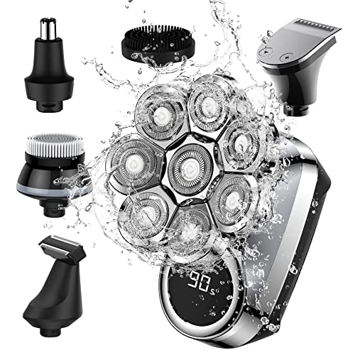 Bald Head Shaver, Upgrade 8D Floating Head Shaver for Bald Men,6-in-1 with Nose/Hair/Body Trimmer, Electric Razor Bald for Men IPX7 Waterproof, Wet/Dry Mens Grooming Kit,LED Display, USB Rechargeable