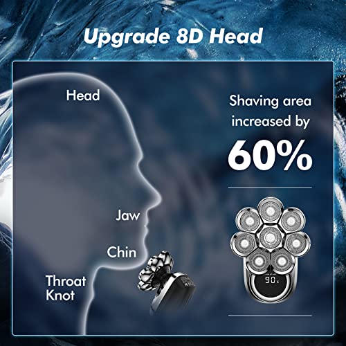 Bald Head Shaver, Upgrade 8D Floating Head Shaver for Bald Men,6-in-1 with Nose/Hair/Body Trimmer, Electric Razor Bald for Men IPX7 Waterproof, Wet/Dry Mens Grooming Kit,LED Display, USB Rechargeable