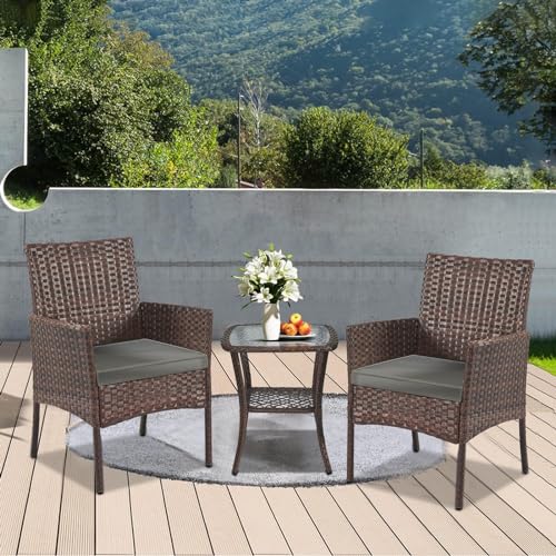 YIYAN 3 Pieces Outdoor Furniture Set Patio Rattan Wicker Chairs,Lawn Garden Balcony Backyard,with Washable Cushion (Gray)