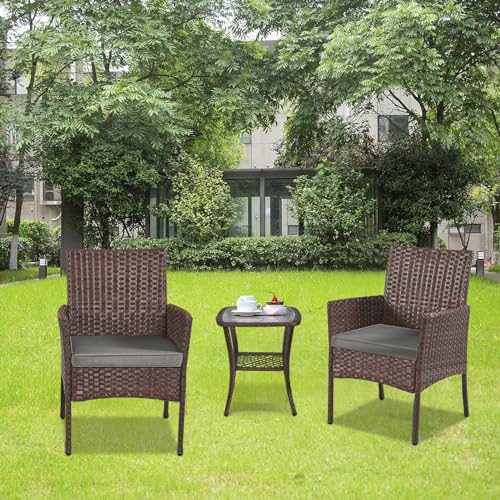 YIYAN 3 Pieces Outdoor Furniture Set Patio Rattan Wicker Chairs,Lawn Garden Balcony Backyard,with Washable Cushion (Gray)