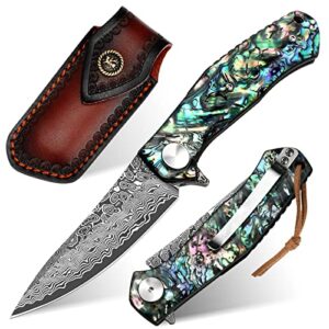 benkey damascus pocket knife with clip leather sheath sharp vg10 core folding knife, edc with liner lock unique abalone seashells handle for outdoor survival camping collection