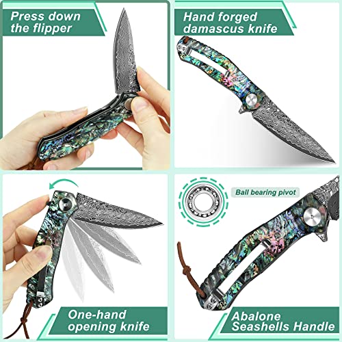 Benkey Damascus Pocket Knife with Clip Leather Sheath Sharp VG10 Core Folding Knife, EDC with Liner Lock Unique Abalone Seashells Handle for Outdoor Survival Camping Collection