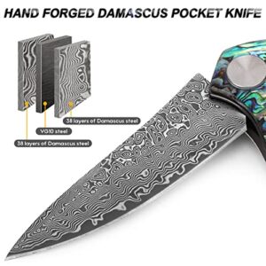 Benkey Damascus Pocket Knife with Clip Leather Sheath Sharp VG10 Core Folding Knife, EDC with Liner Lock Unique Abalone Seashells Handle for Outdoor Survival Camping Collection