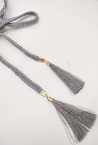 Women Girls Braided Knotted Waist Belt Skinny Mixed Color Rope Exotic Chain Tassel for Dress Skirt (Grey Lace)