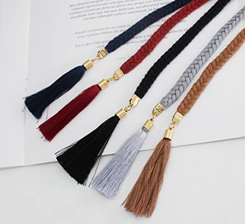 Women Girls Braided Knotted Waist Belt Skinny Mixed Color Rope Exotic Chain Tassel for Dress Skirt (Grey Lace)