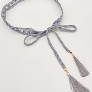 Women Girls Braided Knotted Waist Belt Skinny Mixed Color Rope Exotic Chain Tassel for Dress Skirt (Grey Lace)