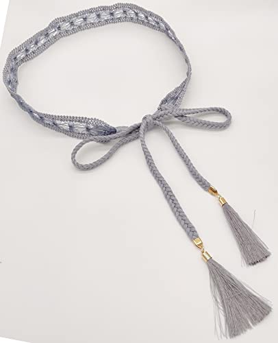 Women Girls Braided Knotted Waist Belt Skinny Mixed Color Rope Exotic Chain Tassel for Dress Skirt (Grey Lace)