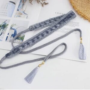 Women Girls Braided Knotted Waist Belt Skinny Mixed Color Rope Exotic Chain Tassel for Dress Skirt (Grey Lace)