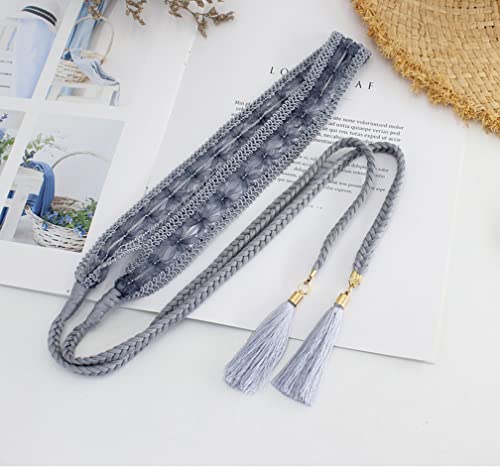 Women Girls Braided Knotted Waist Belt Skinny Mixed Color Rope Exotic Chain Tassel for Dress Skirt (Grey Lace)