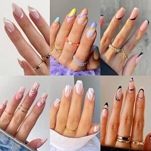 6 packs (144 pcs) press on nails medium design, misssix fake nails almond and square glue on nails set with adhesive tabs nail file for women