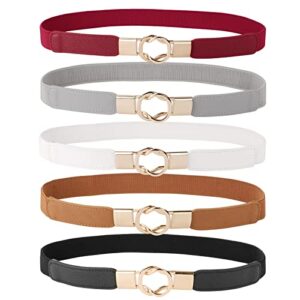 jasgood 5 pack women retro elastic stretchy skinny waist belt with metal gold buckle