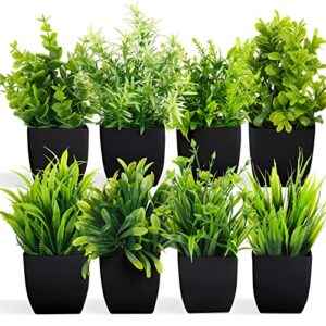 fake plants mini potted artificial plants, 8 pack artificial plastic eucalyptus plants small houseplants greenery in black pot, small faux plants decor for home bathroom office farmhouse desk shelf