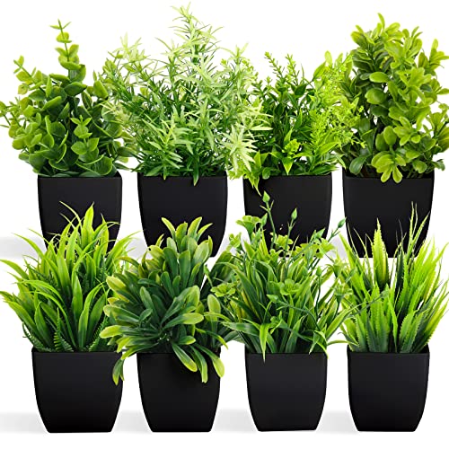 Fake Plants Mini Potted Artificial Plants, 8 Pack Artificial Plastic Eucalyptus Plants Small Houseplants Greenery in Black Pot, Small Faux Plants Decor for Home Bathroom Office Farmhouse Desk Shelf