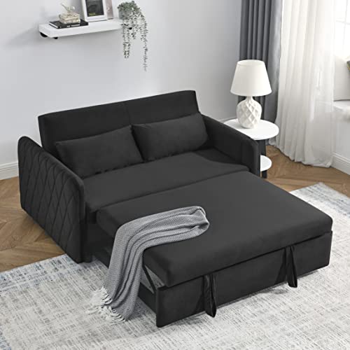 Merax 55" Loveseat with Pull Out Bed, 3 in 1 Convertible Velvet Sleeper Sofa Bed with Adjustable Backrest & 2 Pillows, 2 Arm Pocket for Living Room or Apartments, Black