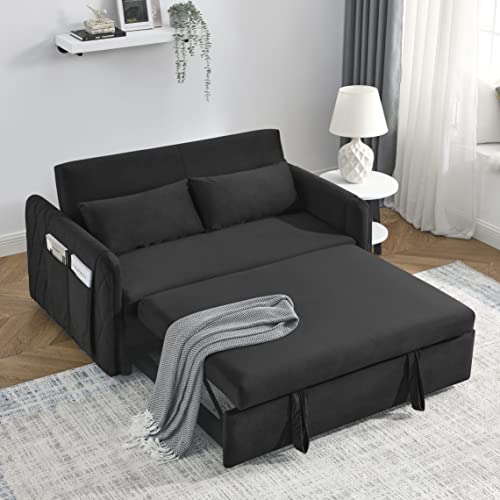 Merax 55" Loveseat with Pull Out Bed, 3 in 1 Convertible Velvet Sleeper Sofa Bed with Adjustable Backrest & 2 Pillows, 2 Arm Pocket for Living Room or Apartments, Black