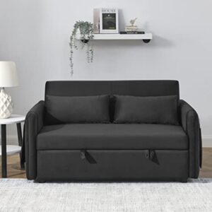 Merax 55" Loveseat with Pull Out Bed, 3 in 1 Convertible Velvet Sleeper Sofa Bed with Adjustable Backrest & 2 Pillows, 2 Arm Pocket for Living Room or Apartments, Black